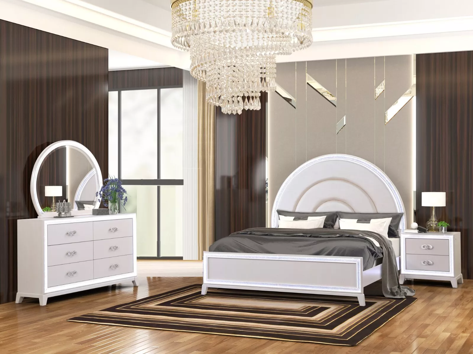 5pc Luxury Moon Design Crystal LED Round Padded King Bed Set Wooden ...