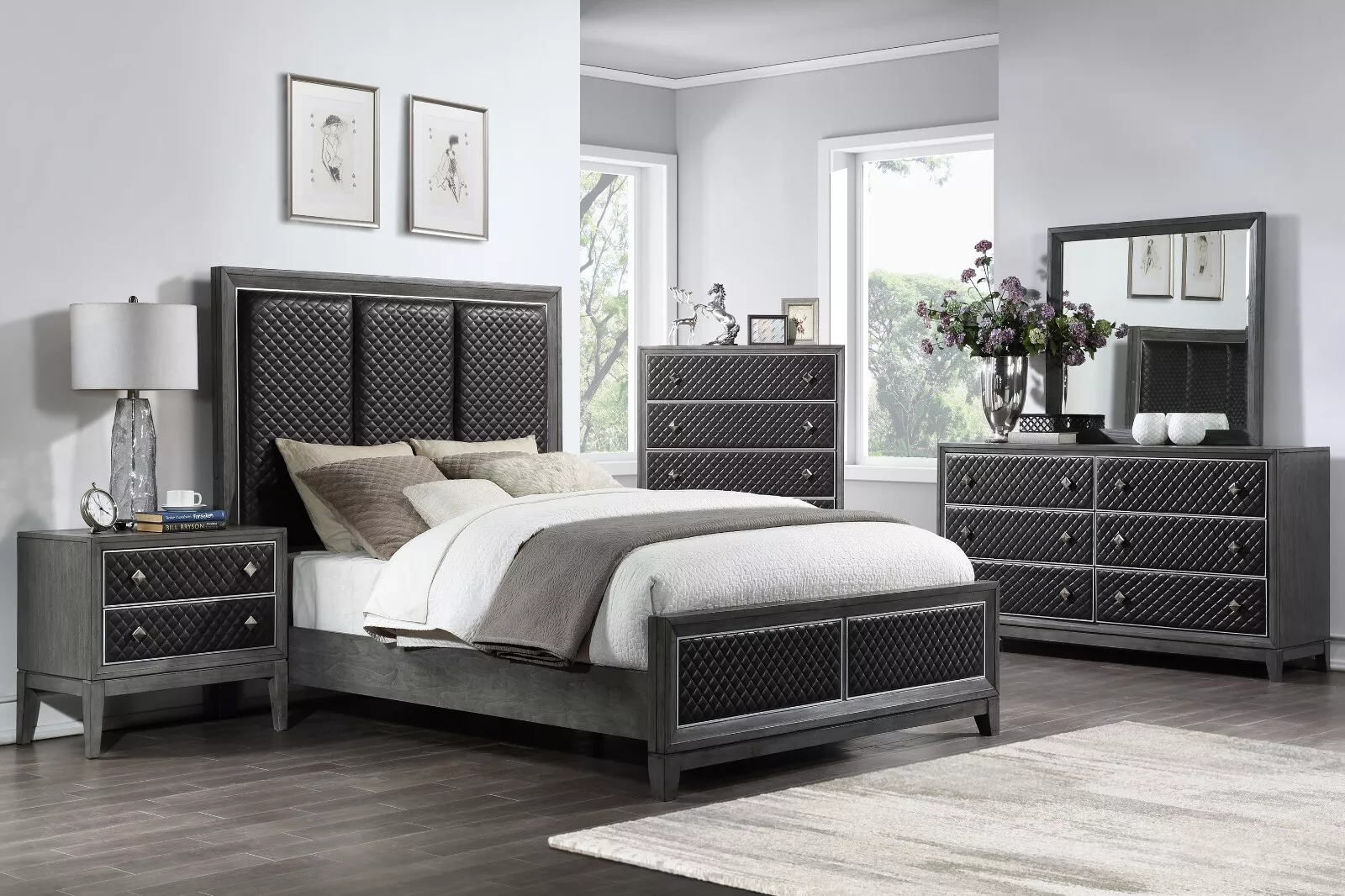 5pc Modern Bedroom Set Queen Bed Nightstand Chest Dresser Mirror Gray ...