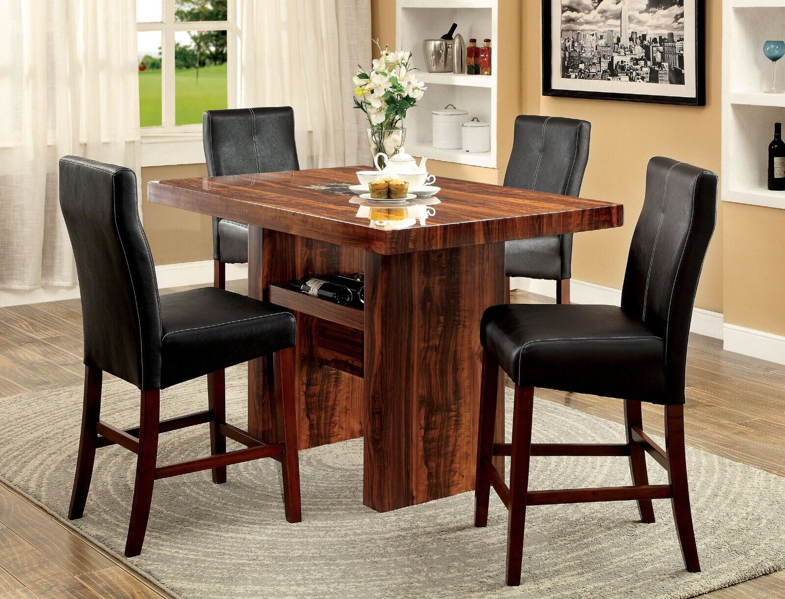 5pc Modern Dining Set Brown Cherry Counter Height Table w Shelves 4x ...