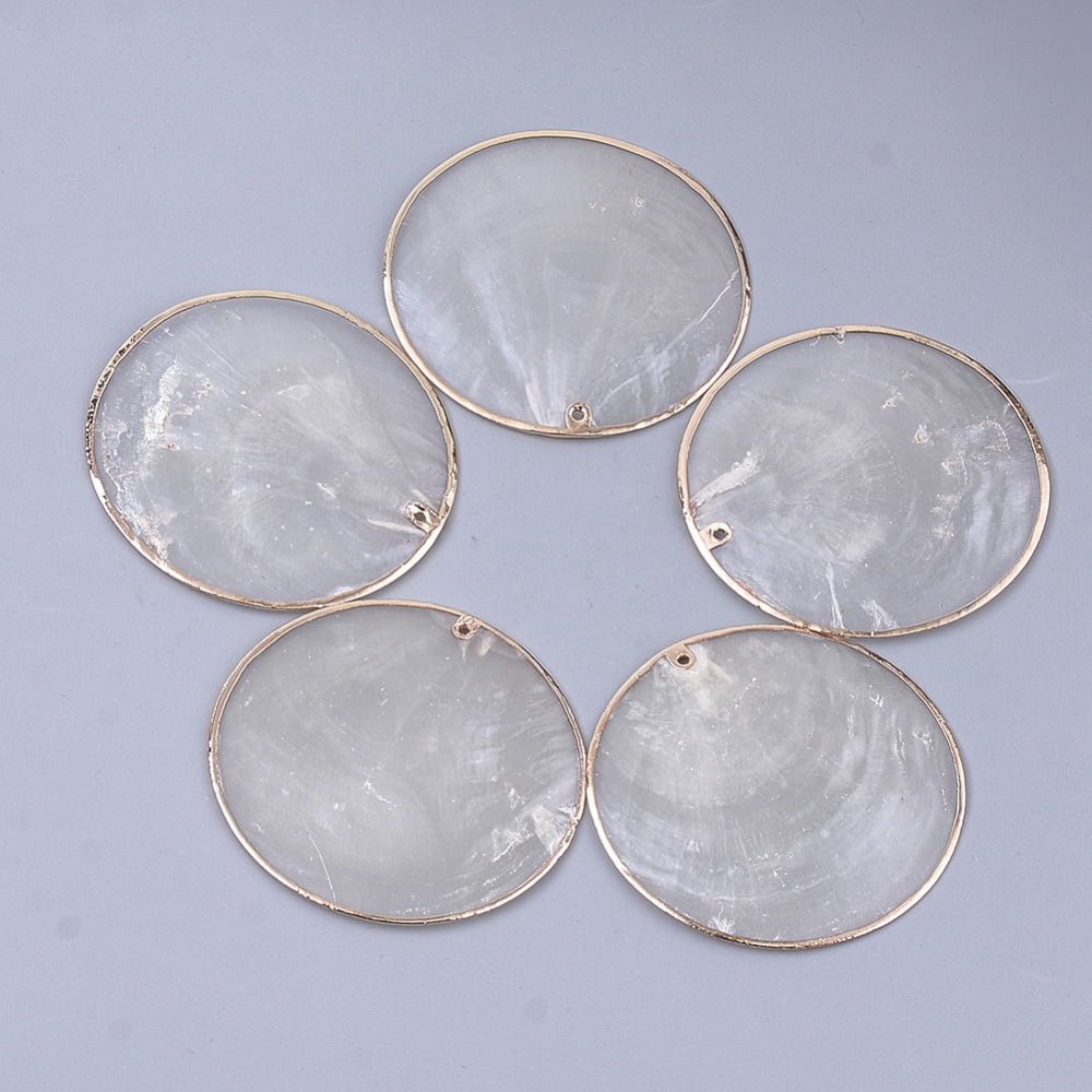 5pc Natural Capiz Shell Big Pendants Brass Edge Plated Flat Round Light ...