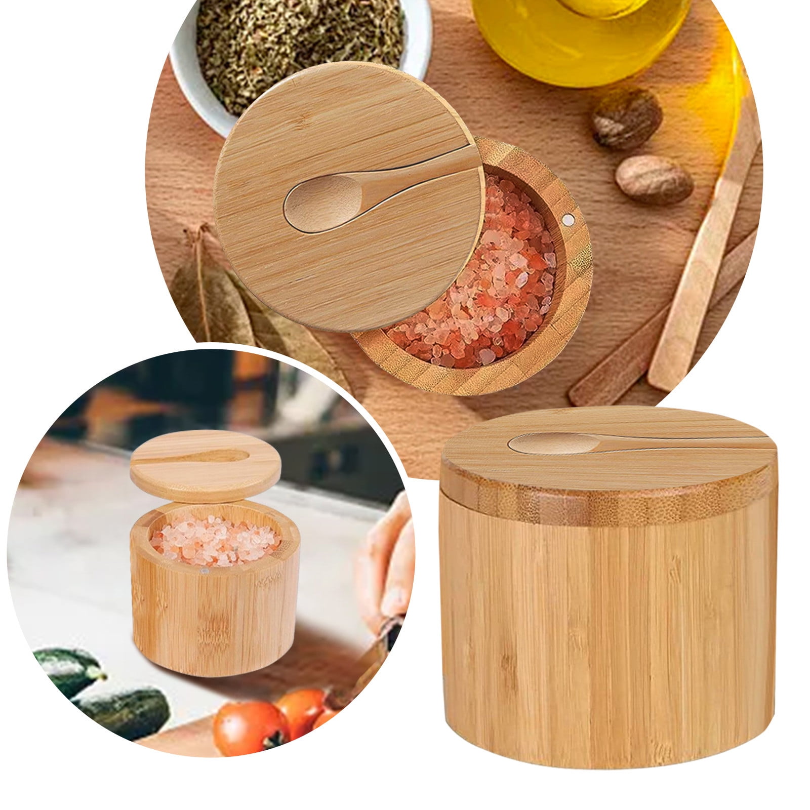 5pc Salt Box Bamboo Salt Container with Swivel Lid with Magnetic to ...
