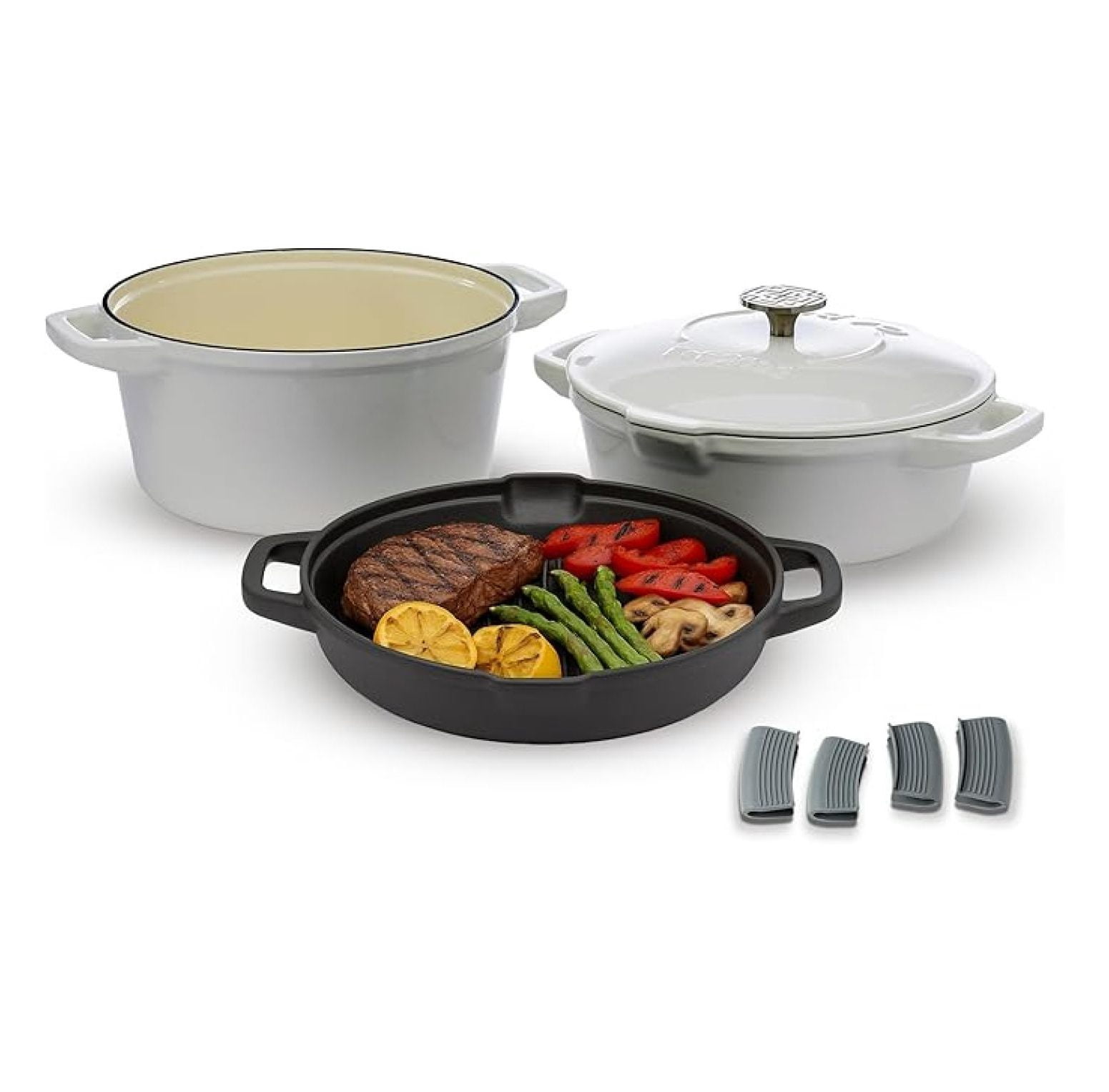 5pc Stackable Cast Iron Cookware Set, Versatile Enamel Dutch Oven ...