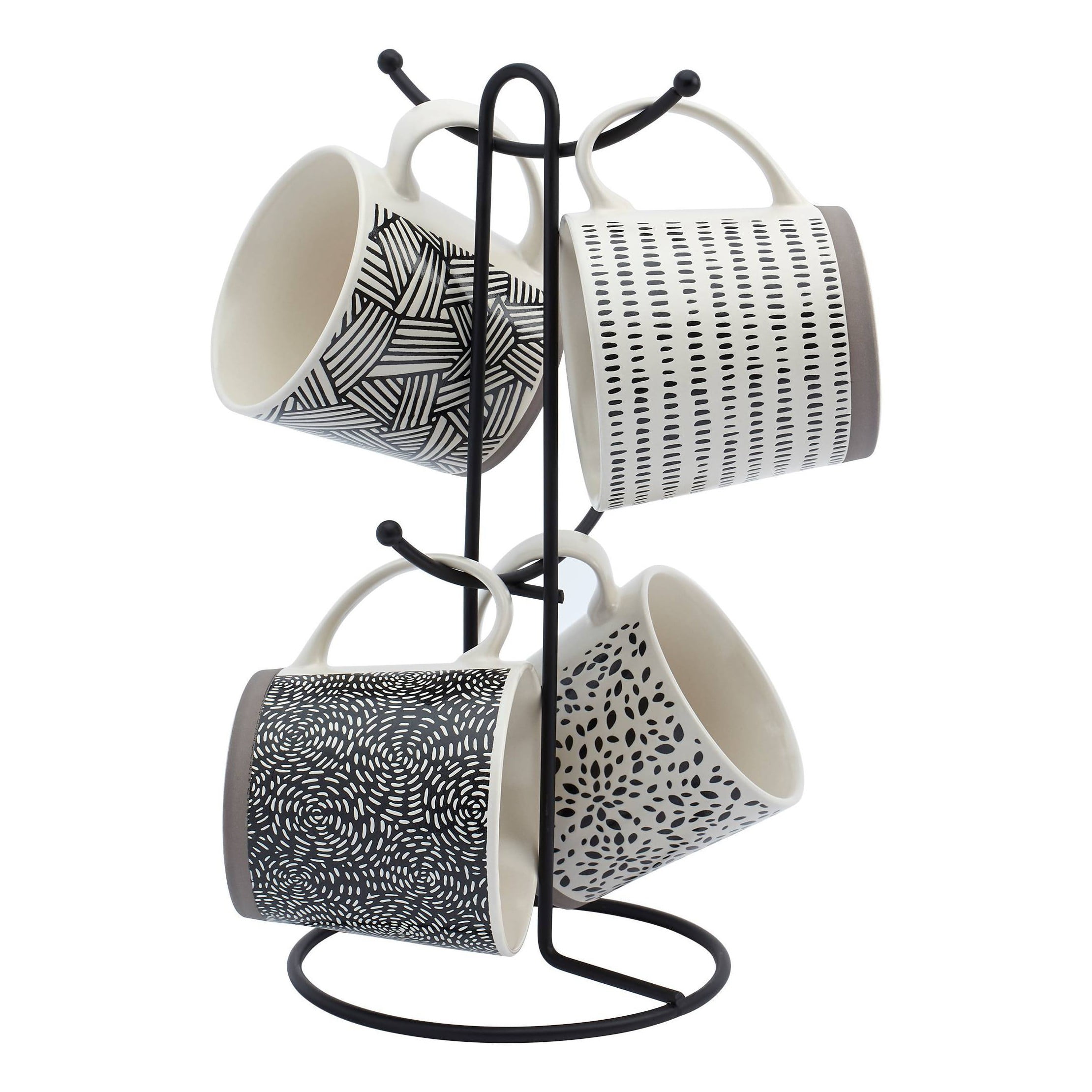 5pc Stoneware Mugs and Wire Rack Set Black/White: Coffee Mugs, Stacking ...
