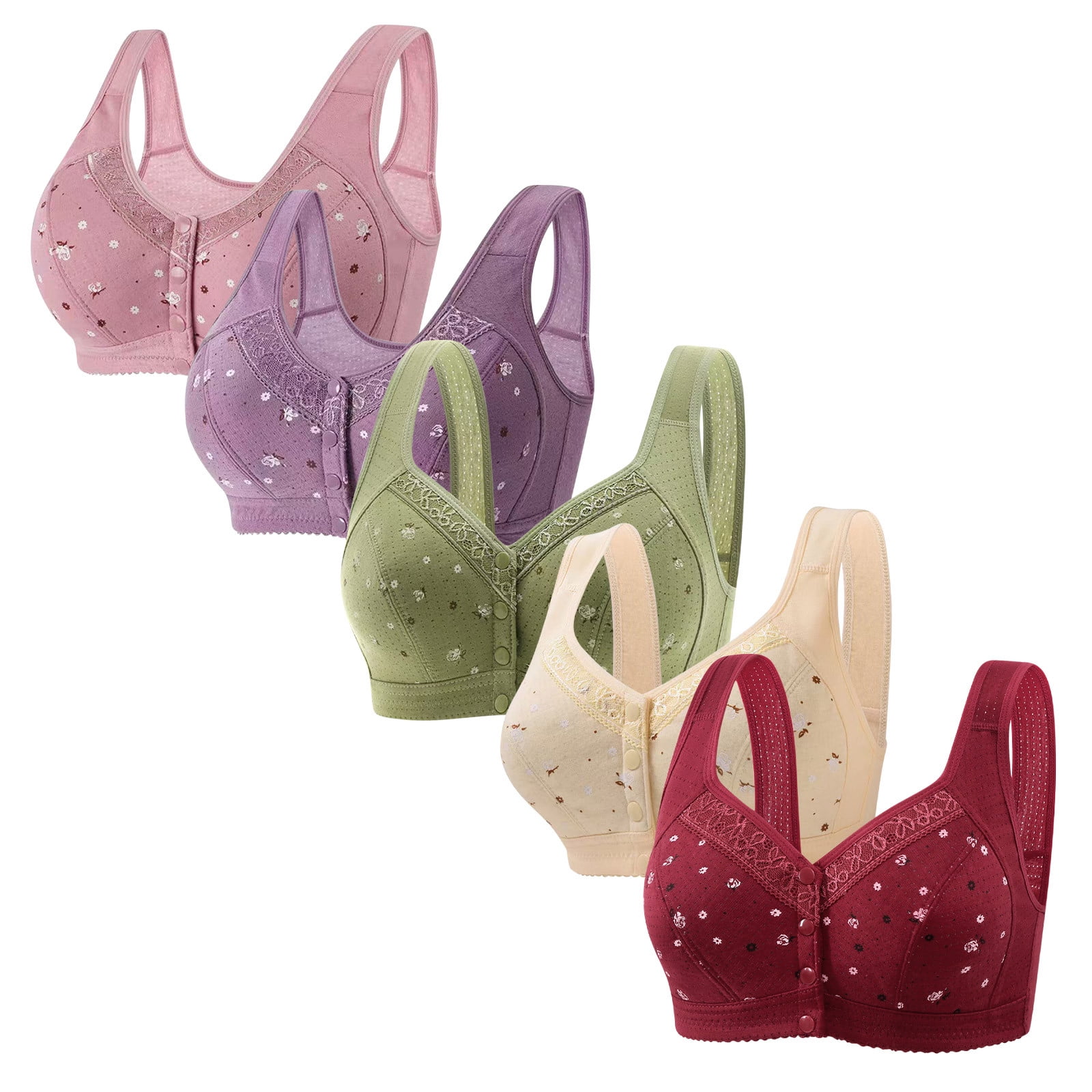 BLTIBY 5PC Seamless Front Closure Bras for Women Wireless Printed Full ...