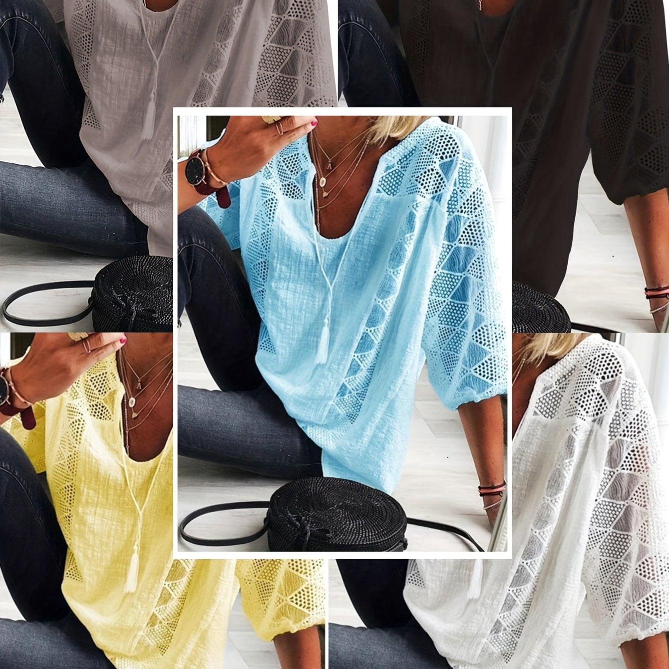 5pc Women Fashion Lace U Neck Blouse Three Quarter Sleeve Summer Cotton ...