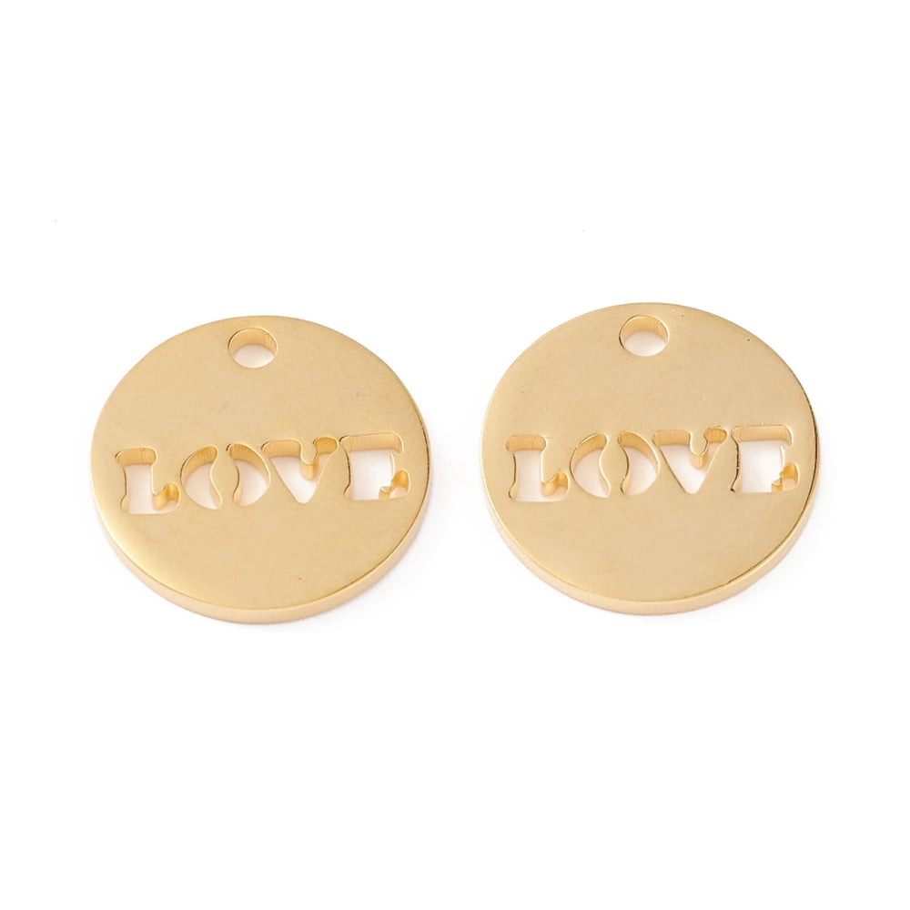 5pcs 201 Stainless Steel Pendants Manual Polishing Flat Round with LOVE ...