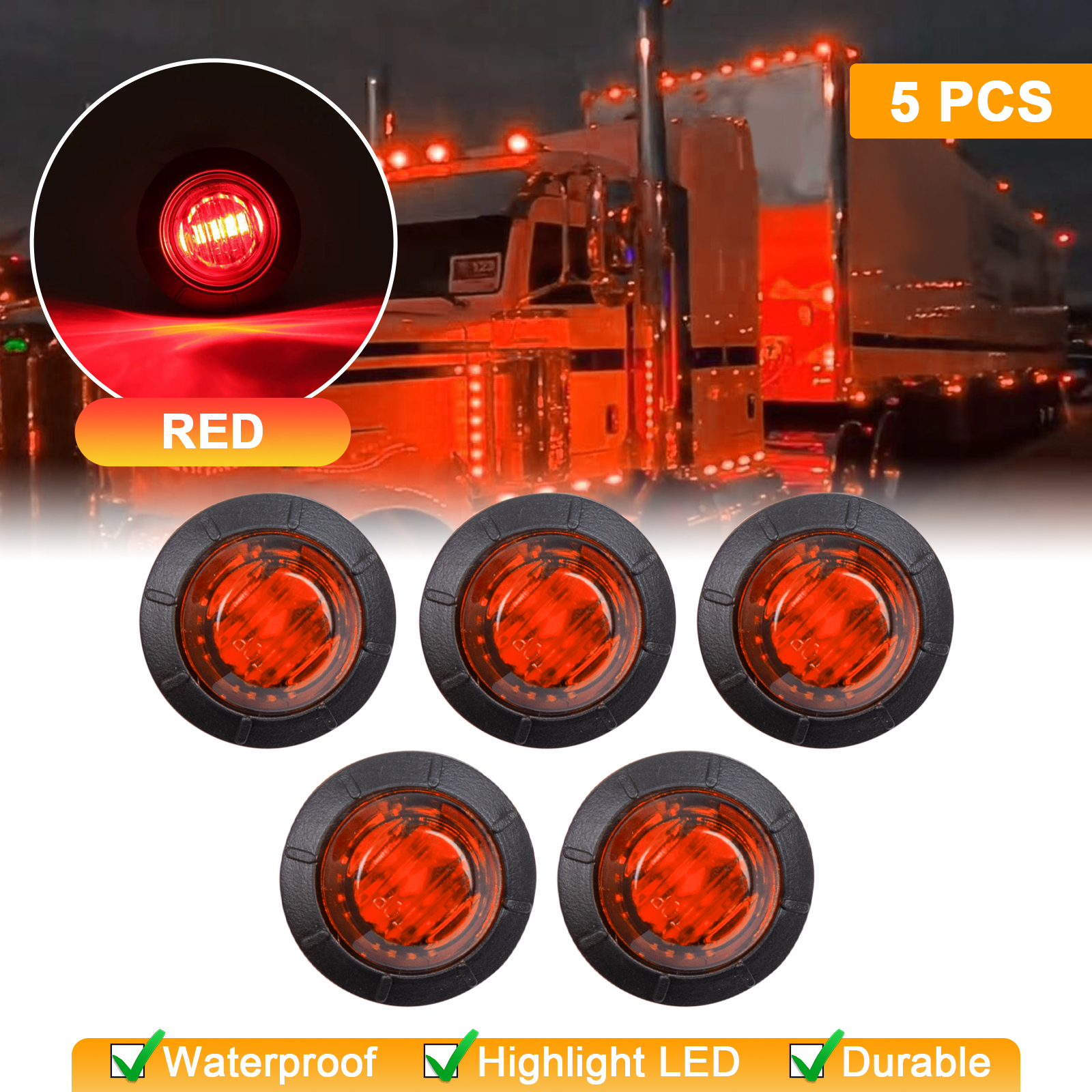 5pcs 3/4" 12V Marker Lights LED Truck Trailer Round Side Bullet Light ...
