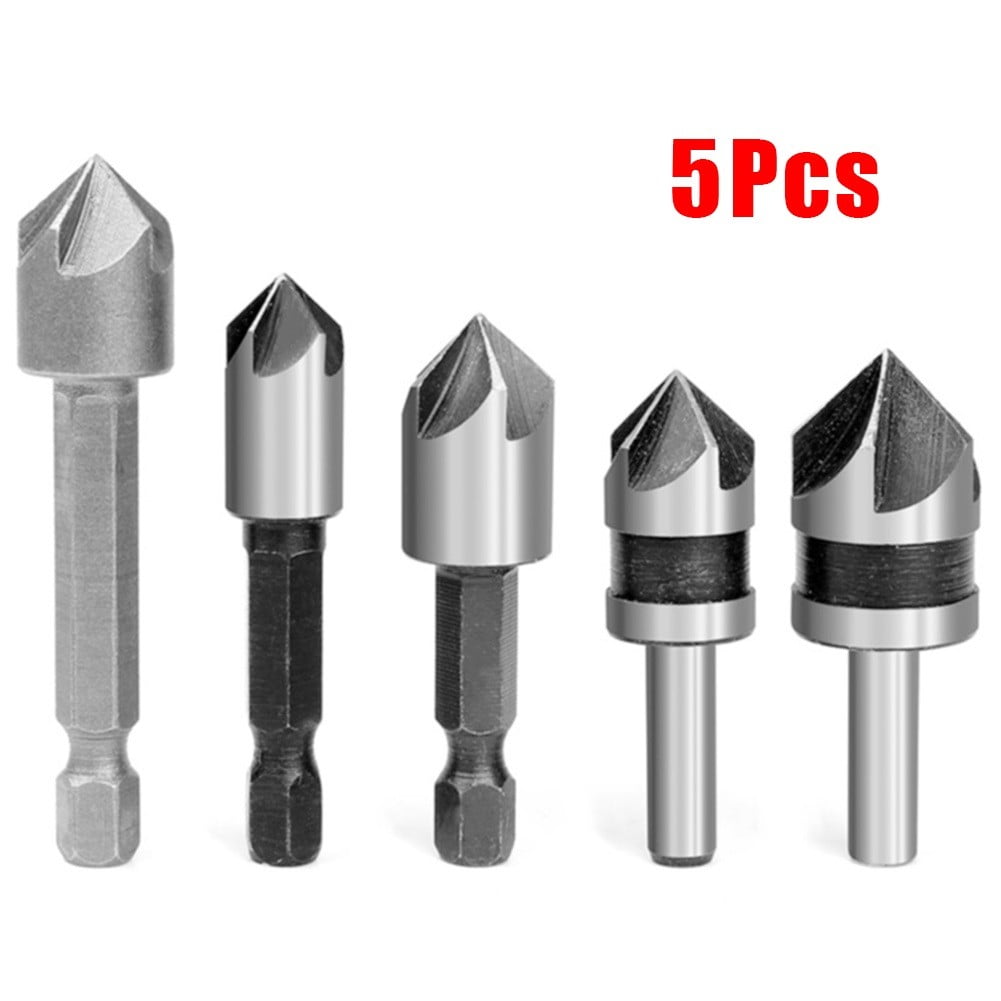 5pcs 5 Flute HSS Countersink Drill Bits Set 82 Degree 1/4 Hex/Round ...