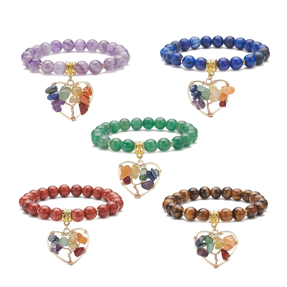 5pcs 5 style Natural & Mixed Gemstone Stretch Bracelets set Gemstone ...