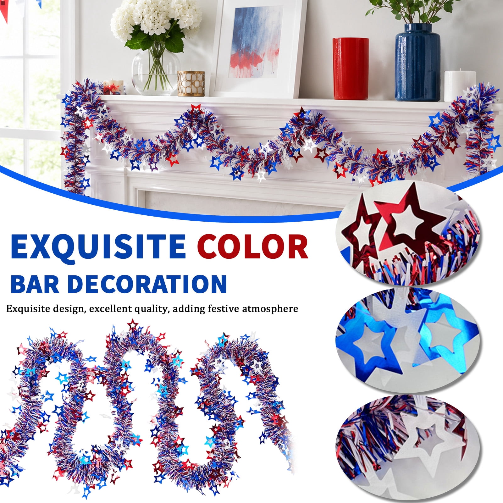 5pcs 6.56FT 4th of July Red White Blue Tinsel Garland, Patriotic Star ...