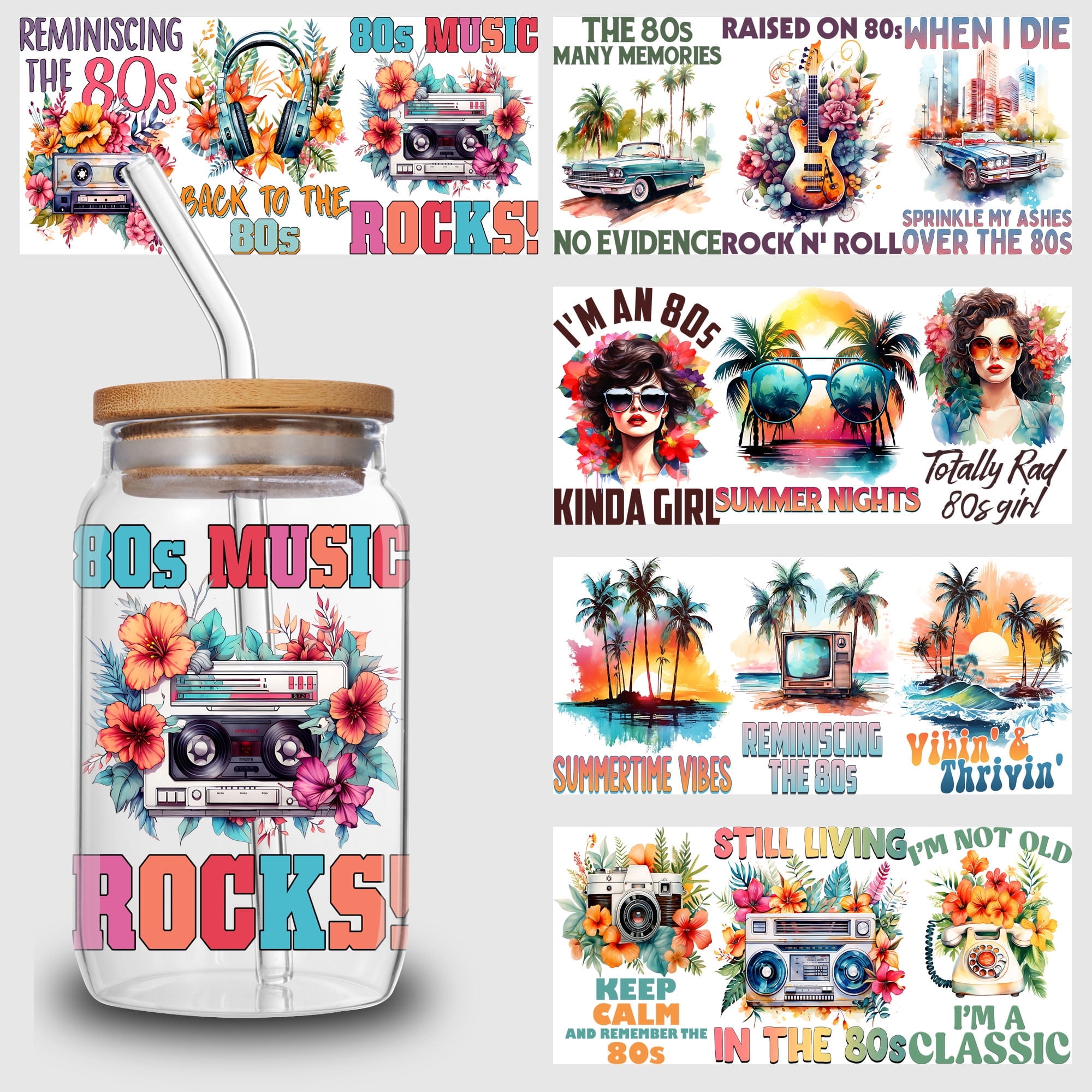 5pcs 80's UV DTF Transfer Stickers, For Glass Tumbler, Waterproof ...