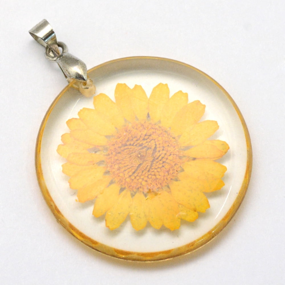 5pcs Alloy Resin Pendants Flat Round with Dried Flower inside golden 32 ...