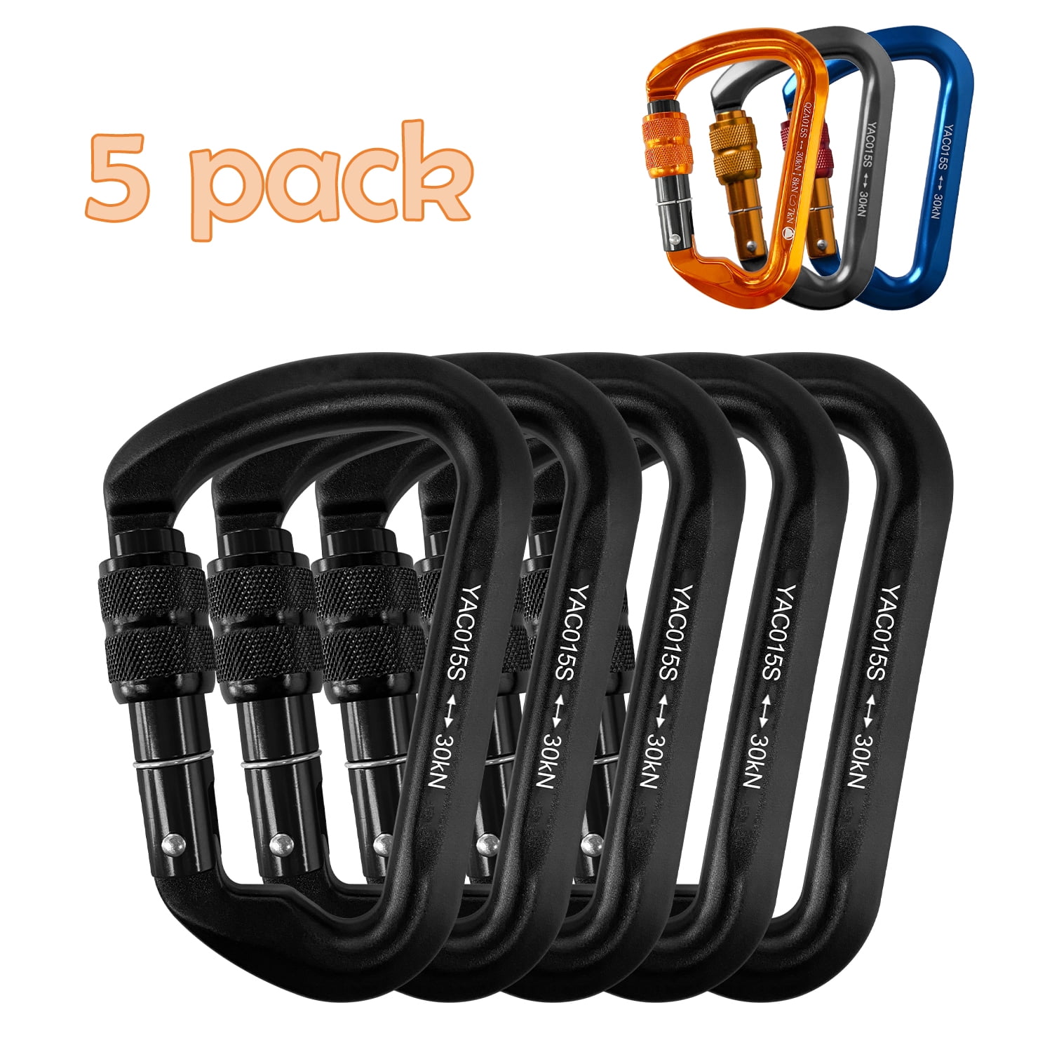 5pcs Aluminum Screw Carabiner, 30kN D-Shape Locking Climbing Carabiner ...