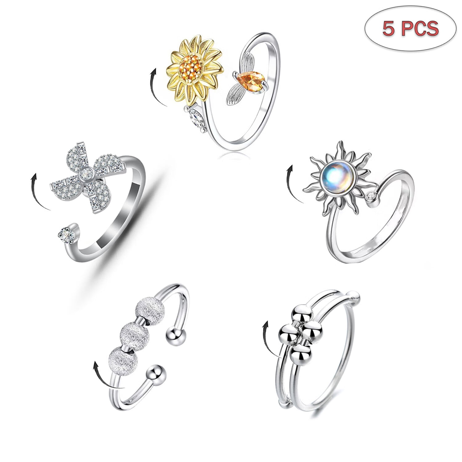 5pcs Anxiety Rings Rotatable Fidget Stress Relief Open Finger Rings ...