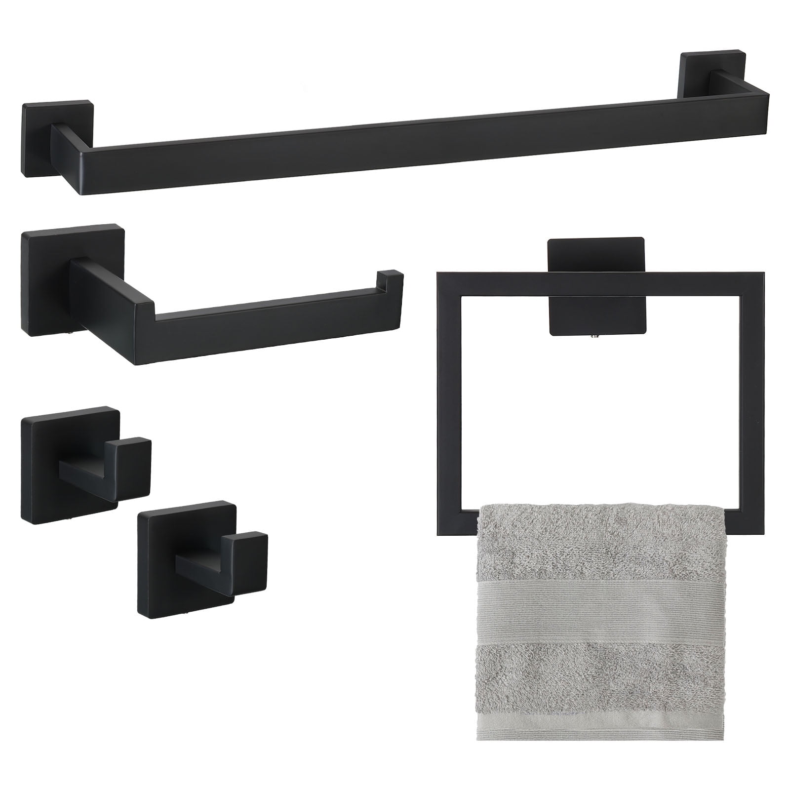 5pcs Black Bathroom Set: Stainless Steel Towel Bar, Toilet Paper Holder ...