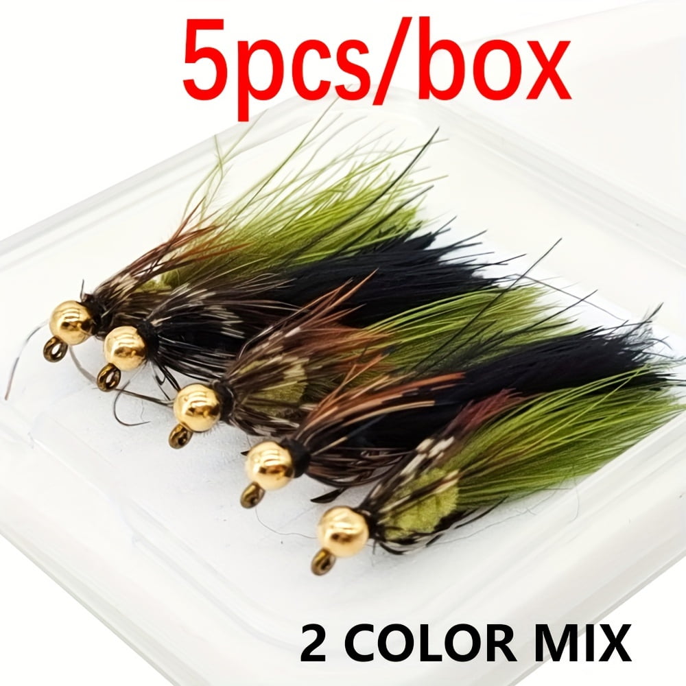 5pcs Bead Head Black/Olive Brown Tassel Fly Fishing, Trout Salmon Trout ...