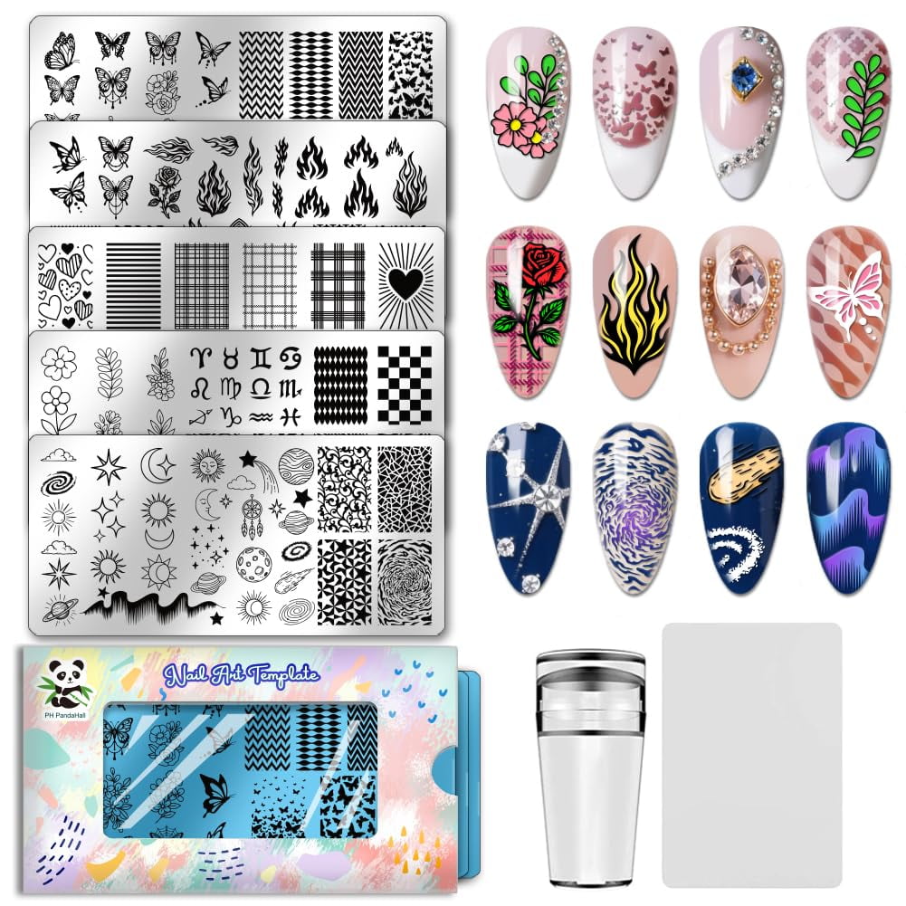 5pcs Butterflies Flames Nail Stamping Plates Hearts Flowers Nail Art ...