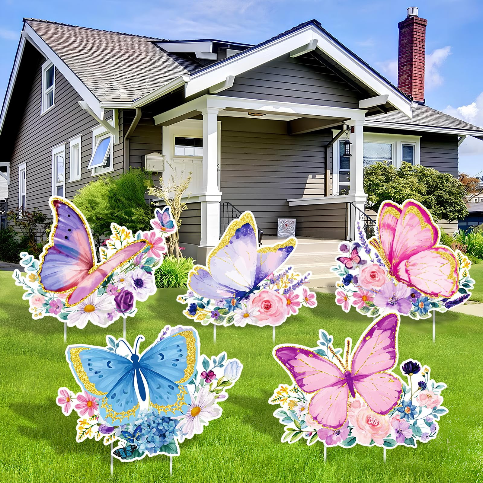 5pcs Butterfly Yard Signs Decorations Giant Butterfly Garden Stakes ...