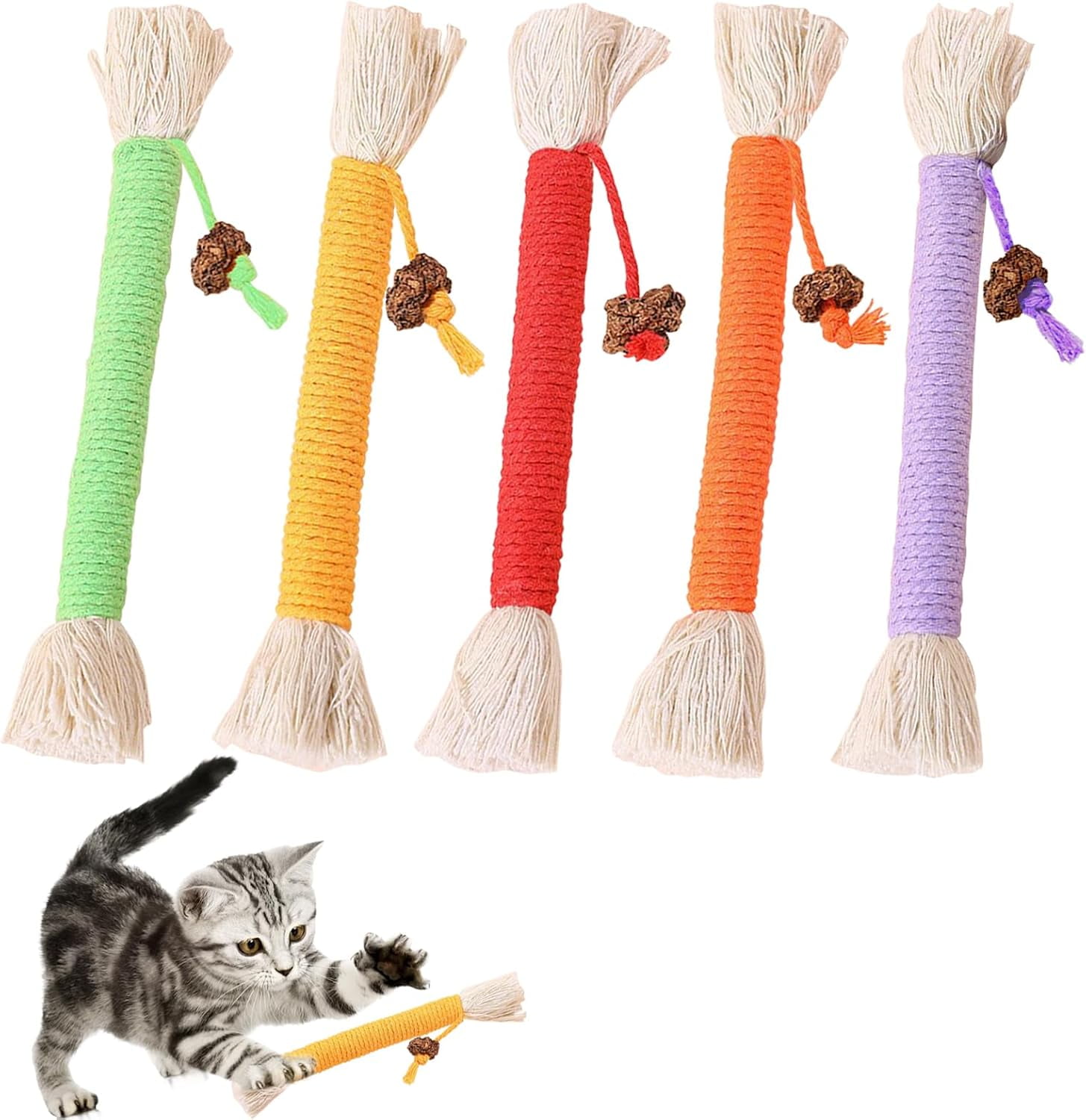 5pcs Cat Chew Toy, 5.9in Catnip Toys for Cats, Cotton Rope Silvervine Chew Toys, Teeth Cleaning ...