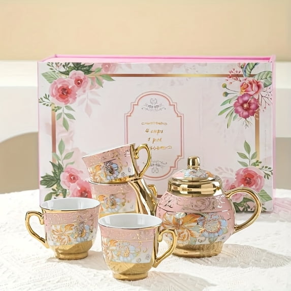 5pcs Ceramic Tea Set, Including 1 Teapot And 4 Teacups, European-Style ...