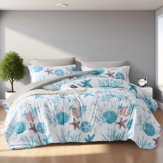 5pcs Coastal Starfish Shell Printed Bedding Set - Ultra-Soft Microfiber ...