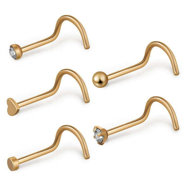 5pcs Corkscrew Nose Studs Heart Nose Rings Stainless Steel Comfort Fit ...
