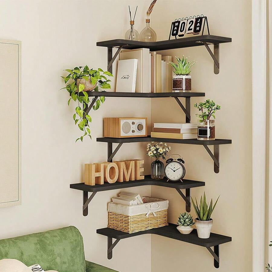 5pcs Corner Floating Shelves, Wall Mounted Corner Shelf, Rustic Wood ...