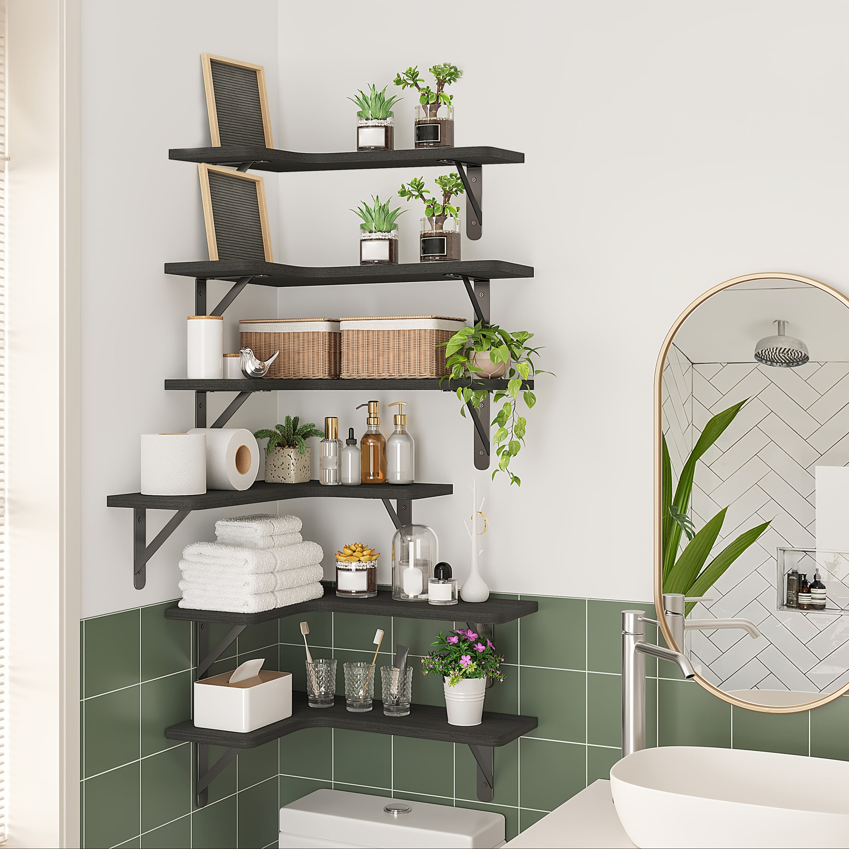 5pcs Corner Floating Shelves - Wall Mounted Rustic Storage for Bathroom ...
