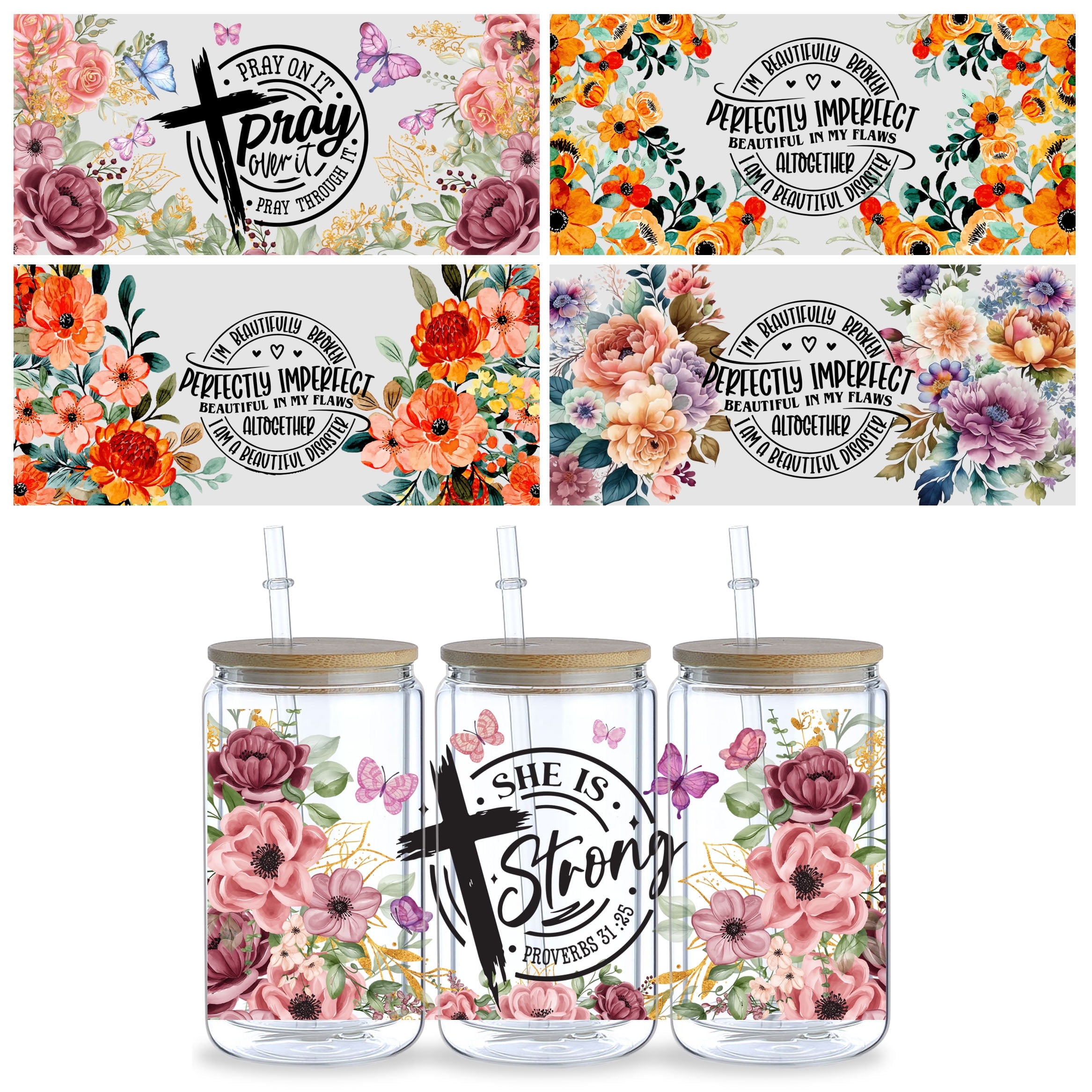 5pcs DIY UV DTF Transfer Stickers, For Glass Tumbler, Waterproof Decals ...