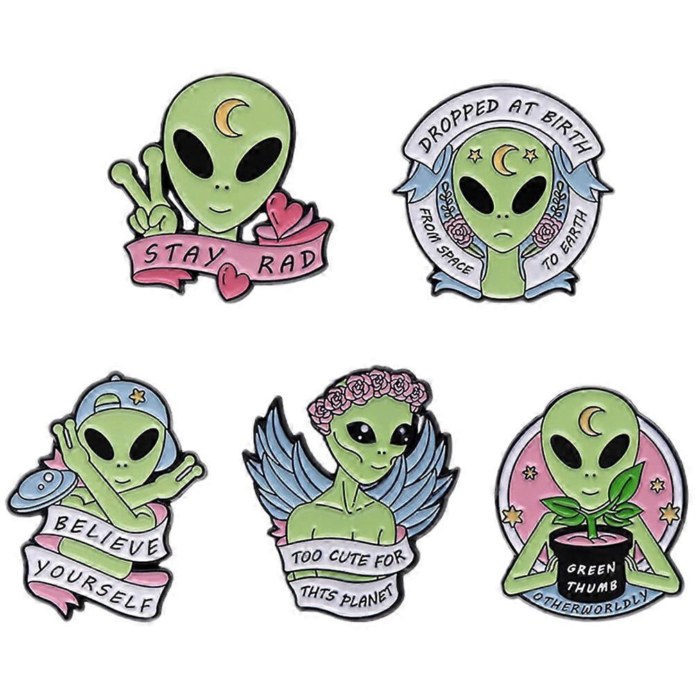 5pcs Enamel Pins Cartoon Brooch Pins Women UFO Brooches Spaceship Alien ...