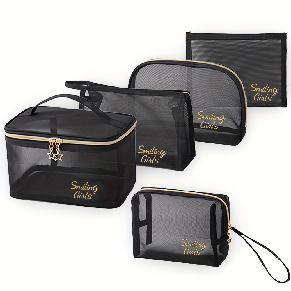 5pcs Fashion Print Breathable Mesh Makeup Bag Set - Stylish Black ...