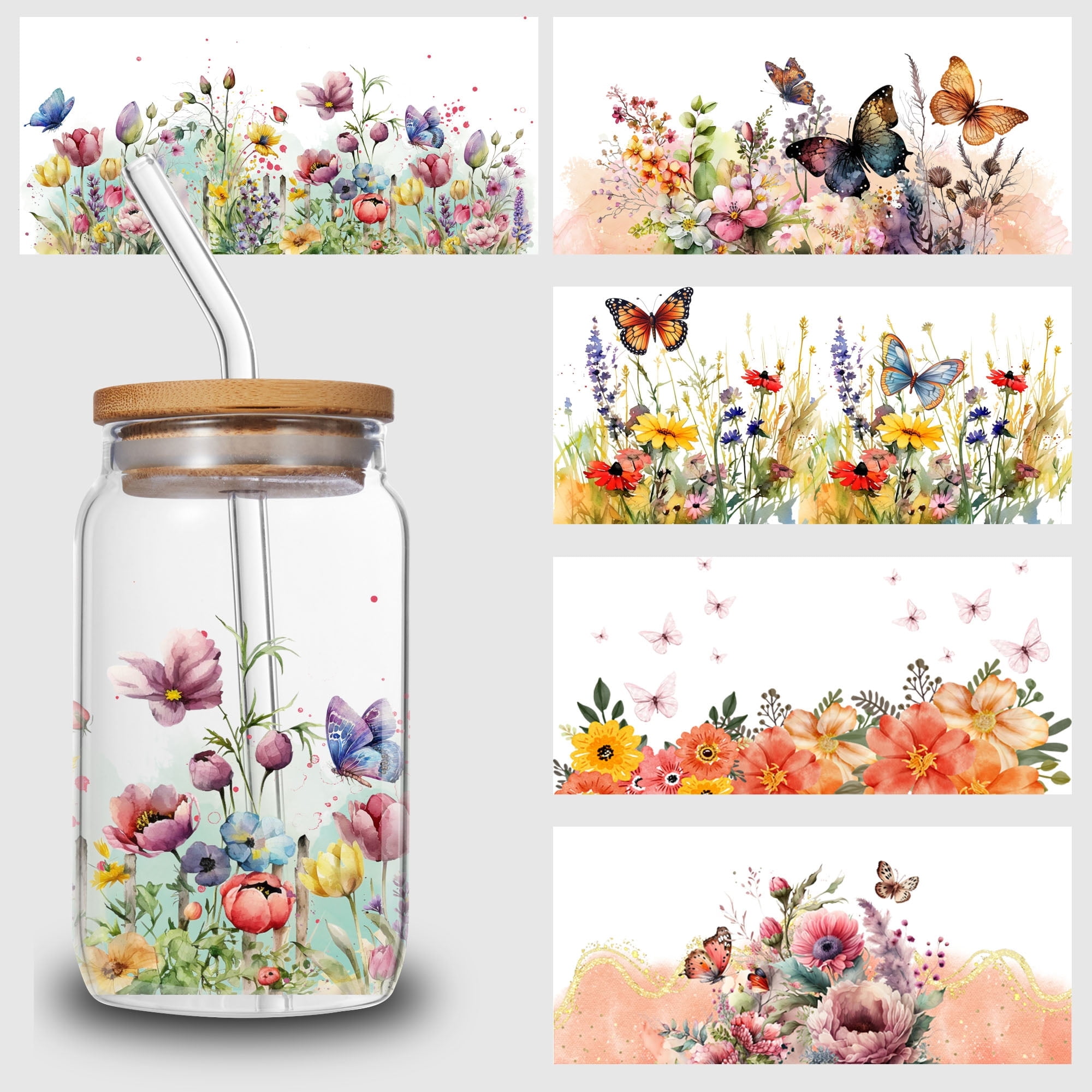 5pcs Flowers Butterfly DIY UV DTF Transfer Stickers for Glass Cups ...