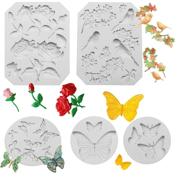 5pcs Flowers Silicone Molds, Butterfly Birds Resin Fondant Molds, for ...