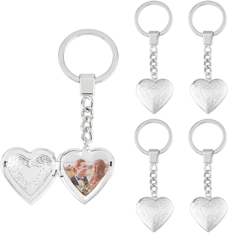 5pcs Heart Brass Locket Pendant Keychain with Iron Rings Platinum 92mm ...