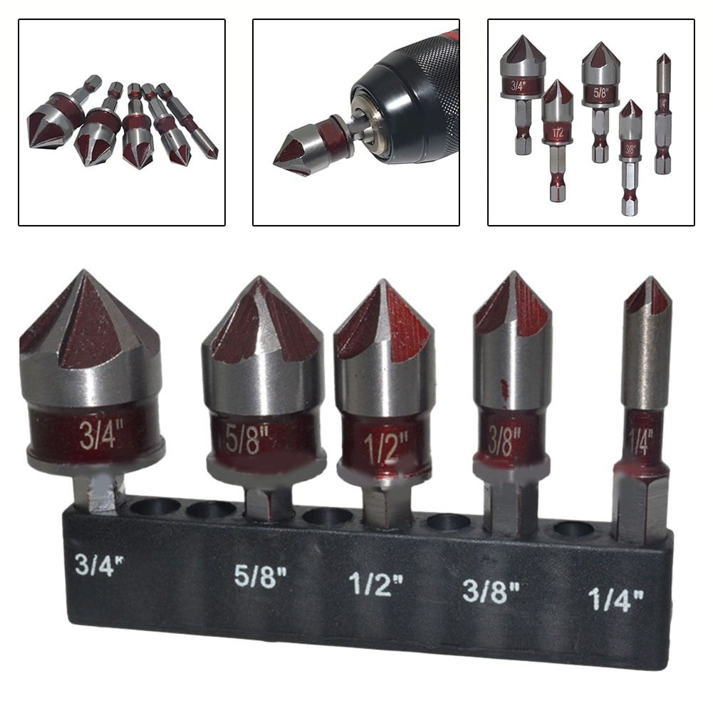 5pcs Hex Shank 5 Flute Metal M35 Cobalt Countersink Drill Bit Set 82 ...