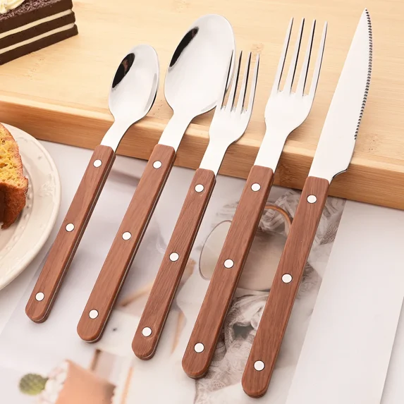 5pcs Imitation Wooden Handle Cutlery Set Knife Fork Spoon Tableware ...