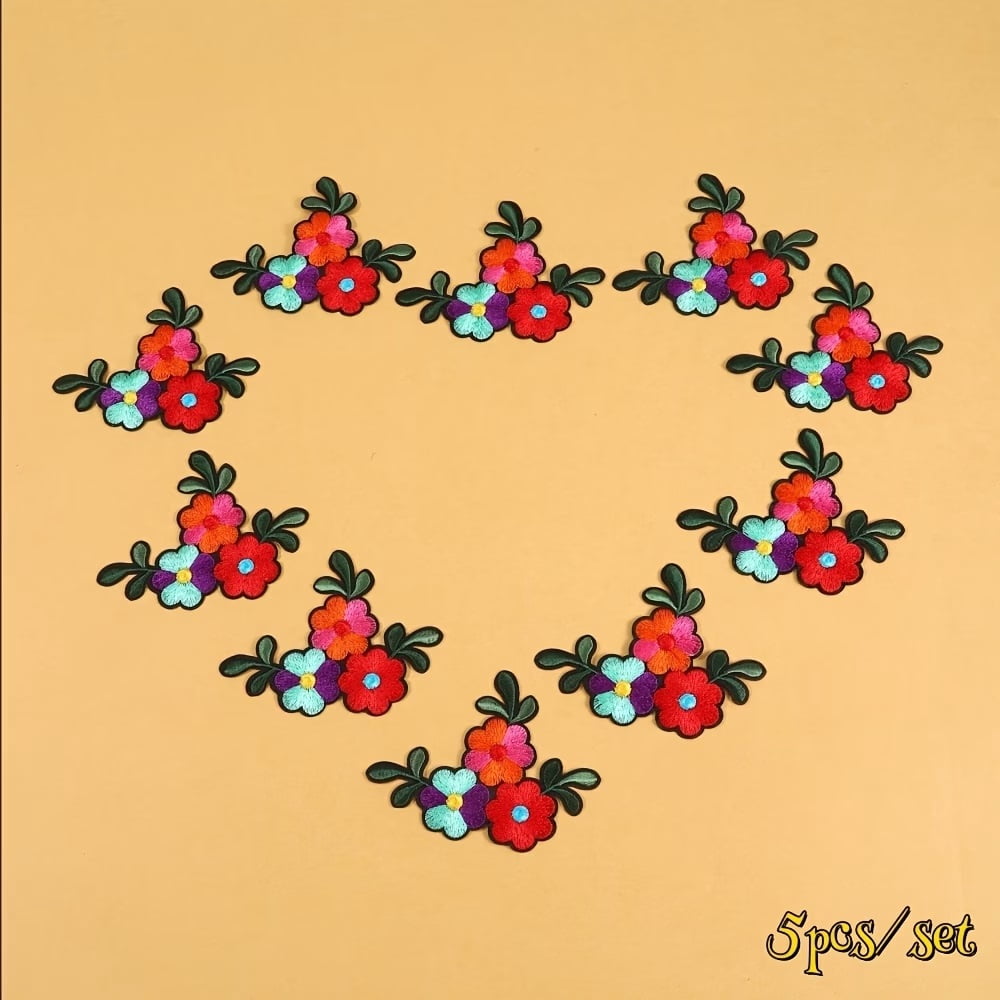 5pcs Iron-On Embroidered Flower Patches - Small Three-Color Floral ...