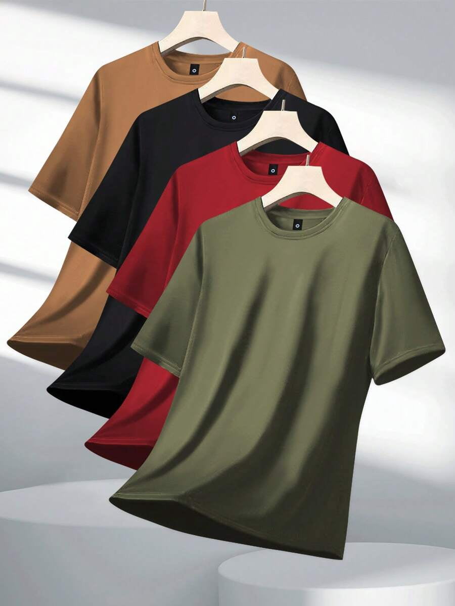5pcs Mens Regular Fit Short Sleeve T-Shirts, Multicolor Solid Basic ...