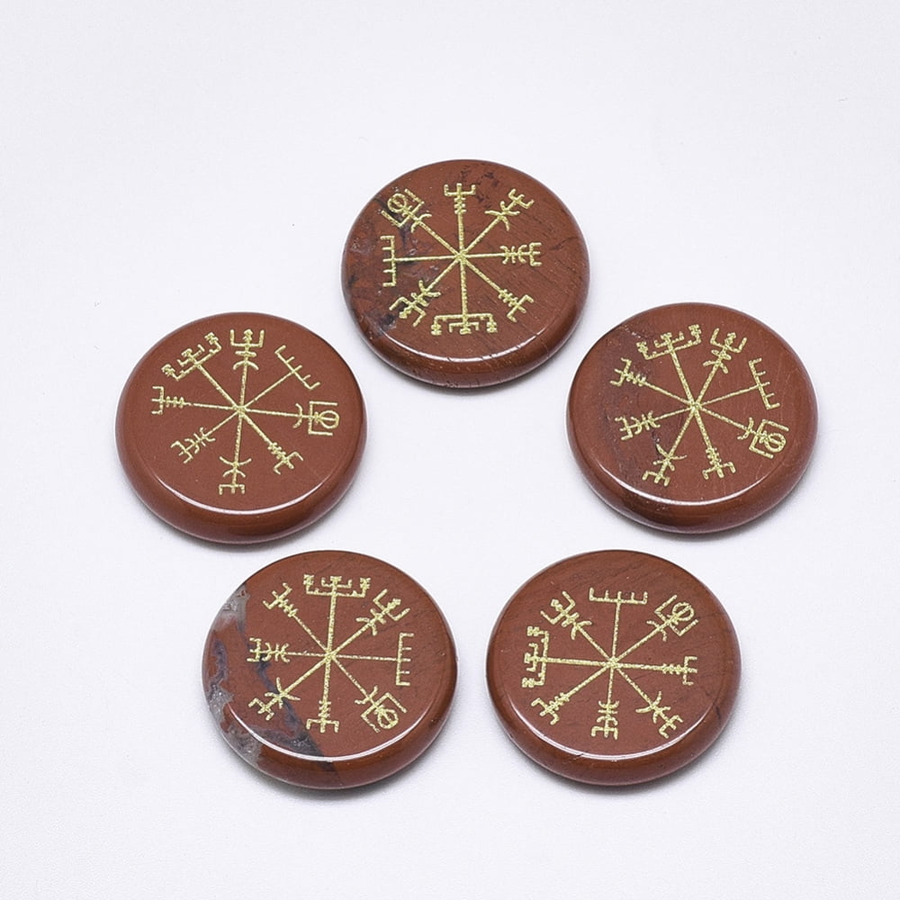 5pcs Natural Red Jasper Cabochons Flat Round with Nordic Pagan Pattern ...