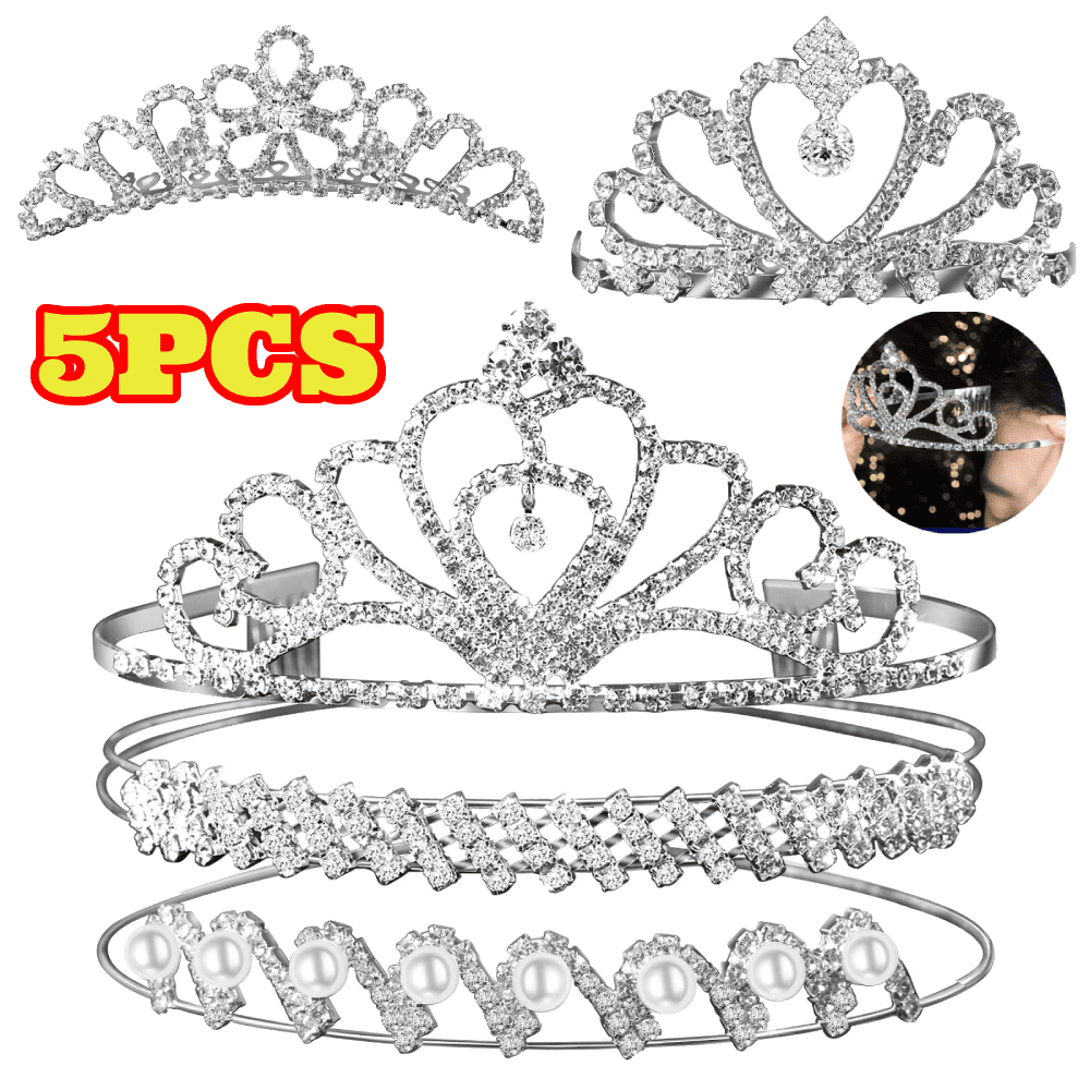5pcs Princess Crystal Tiara Crown Headbands for Women, Silver Metal ...
