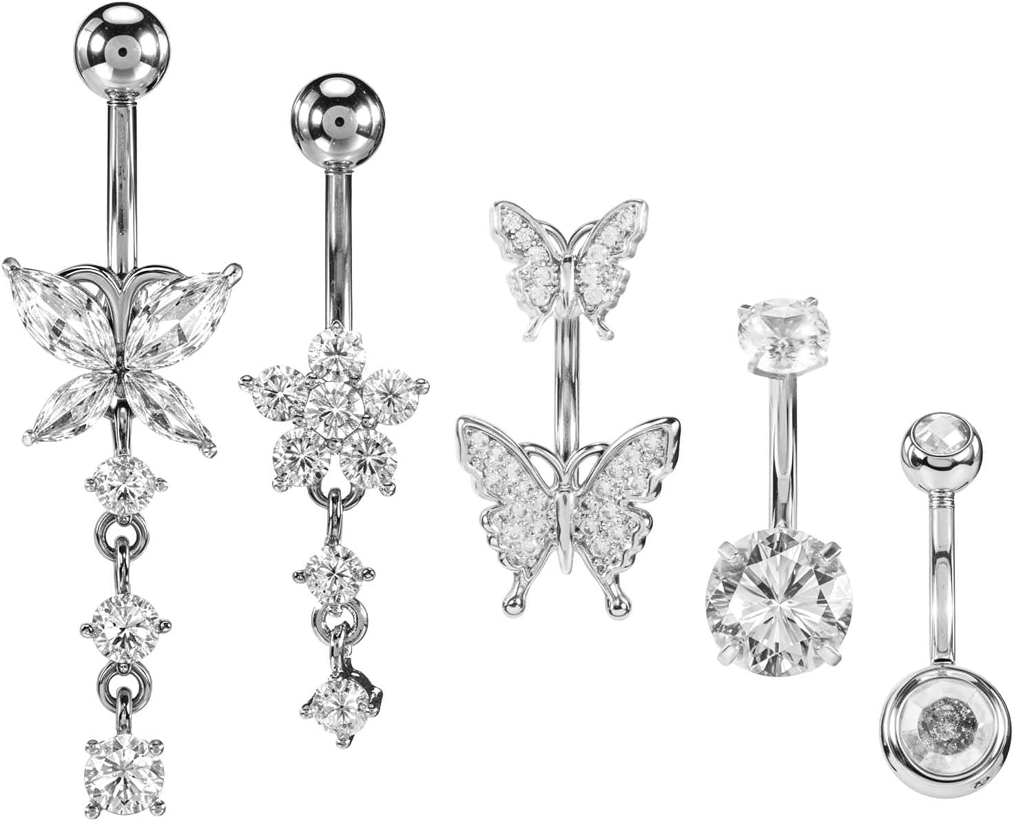 5pcs Professional Grade Long Belly Button Rings,Stainless Steel Diamond ...