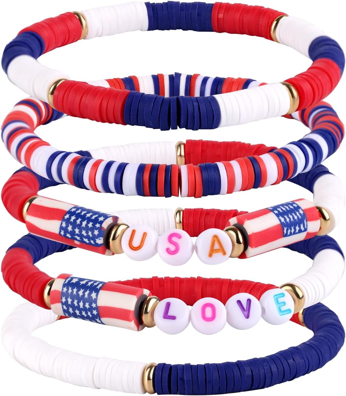 5pcs Quality Love USA Bracelets, 5 Style Independence Day Colorful Red White and Blue Patriotic ...