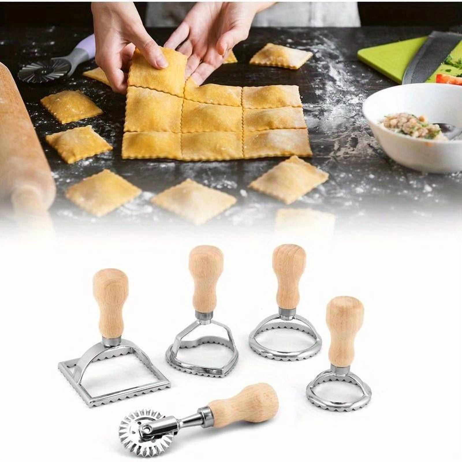 5pcs Ravioli Stamp Maker Cutter And Roller Wheel Set With Wooden Handle ...
