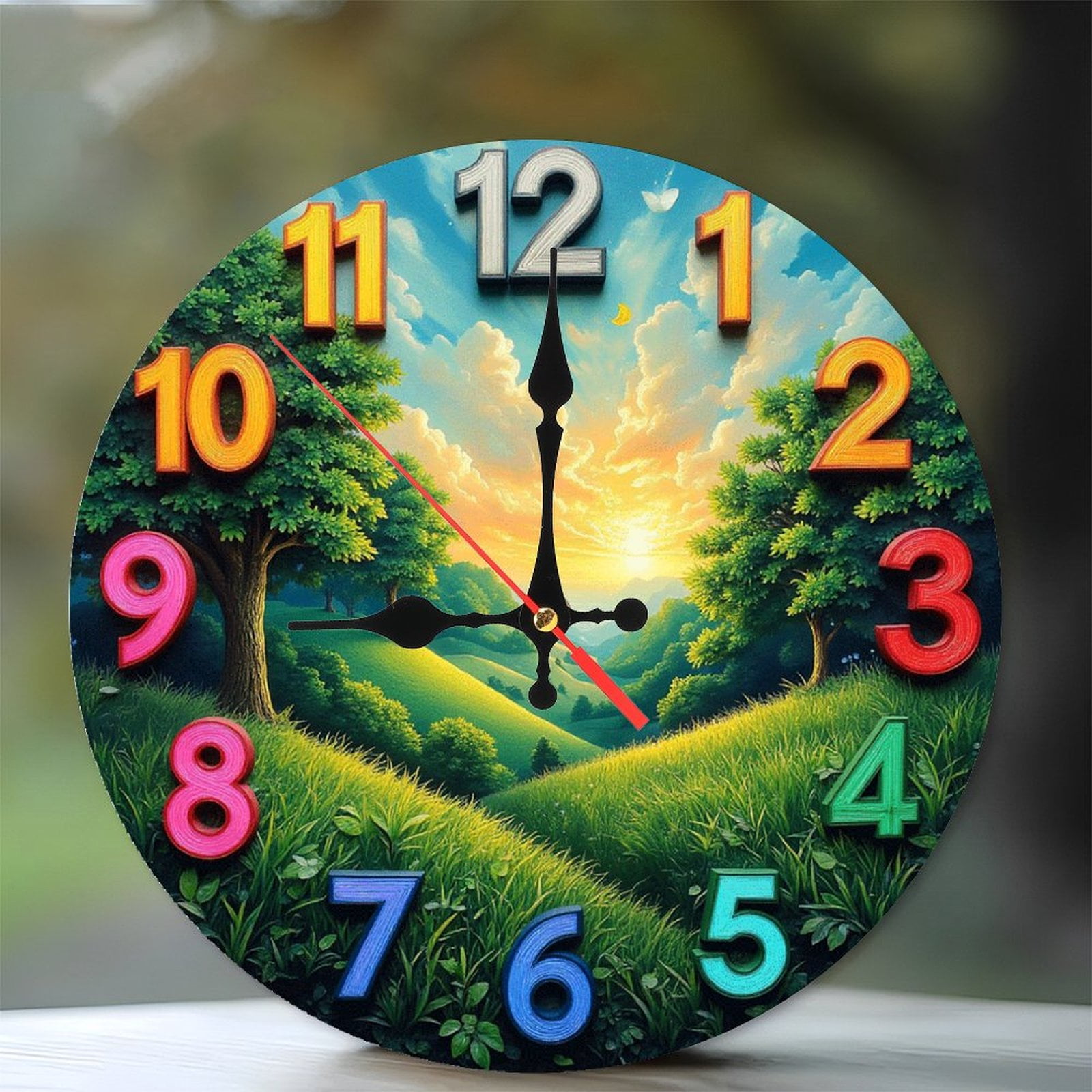 Colorful Landscape Wall Clock with Nature Scene 10-Inch Silent Wooden ...
