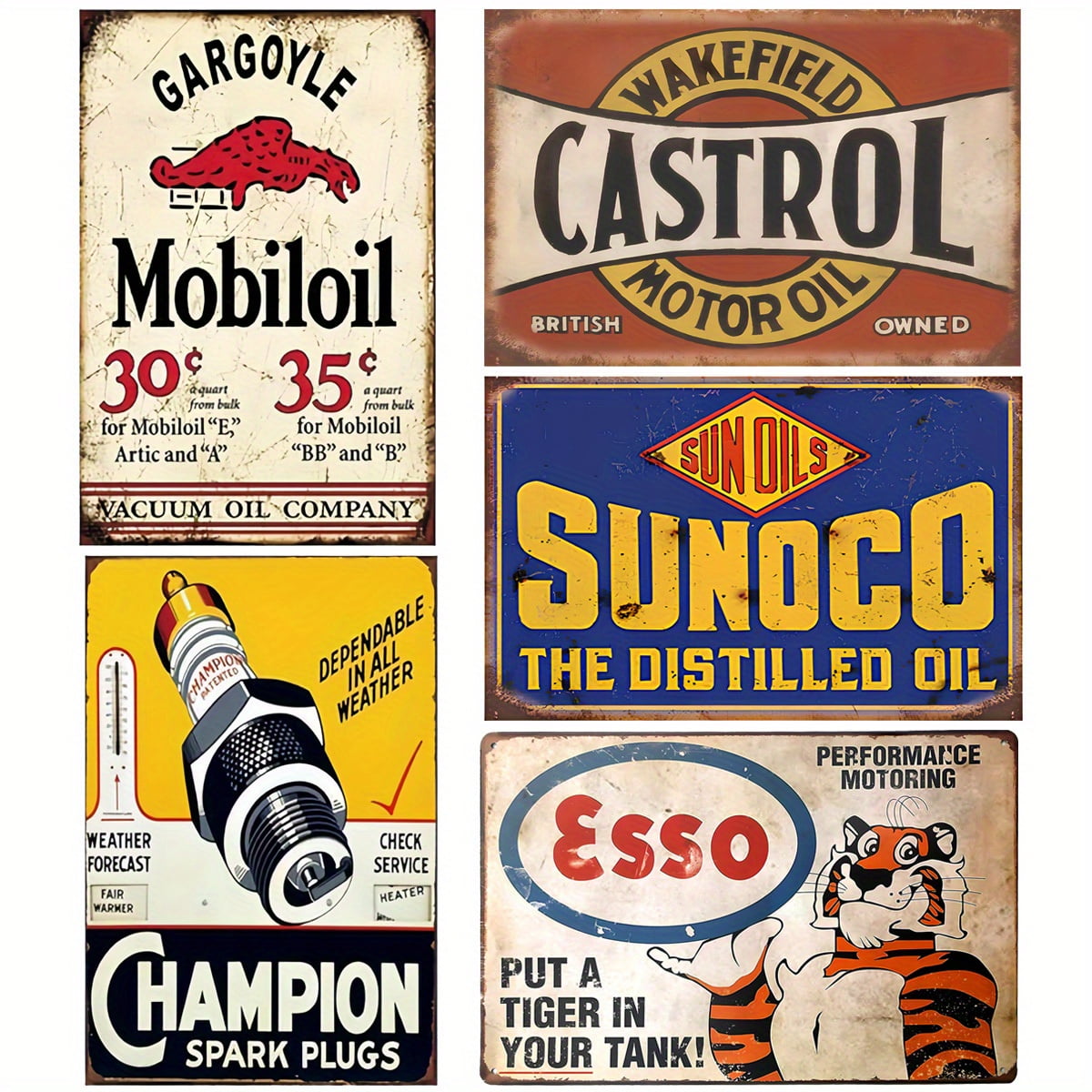 5pcs Retro Tin Signs Gas Motor Oil Signs Vintage Metal Posters for Garage Man Cave Shop Bar Pub ...