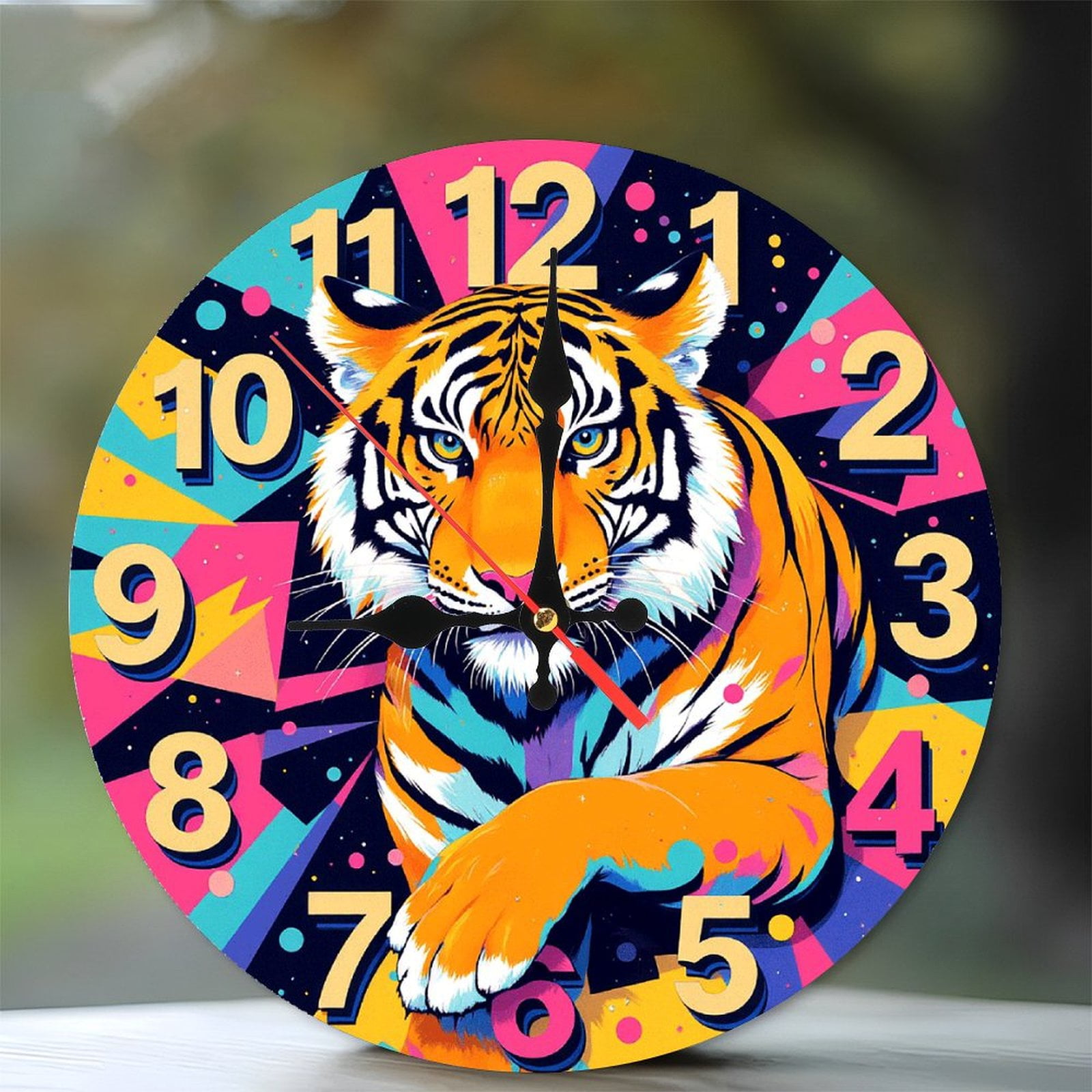 Colorful Tiger Clock 10-Inch Silent Wooden Wall Clock, Battery Operated ...