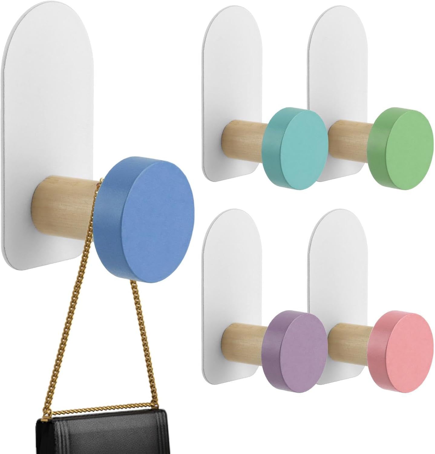 5pcs Self-Adhesive Kids Coat Hooks, Cartoon Animal Pattern Wooden Hooks ...