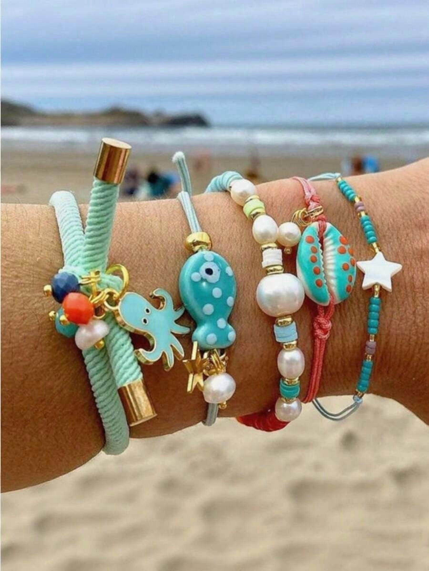 5pcs/Set Cute Cartoon Octopus, Shell & Fish Ceramic Stretch Bracelet ...