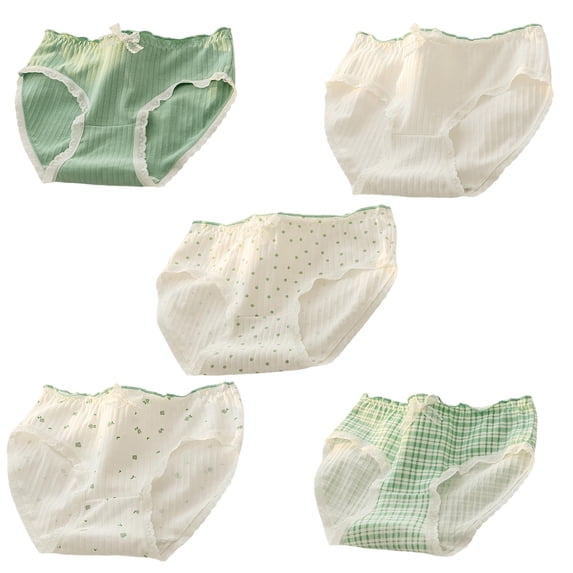 5pcs Set Ladies' Breathable Cotton Underwear Green Floral Plaids ...