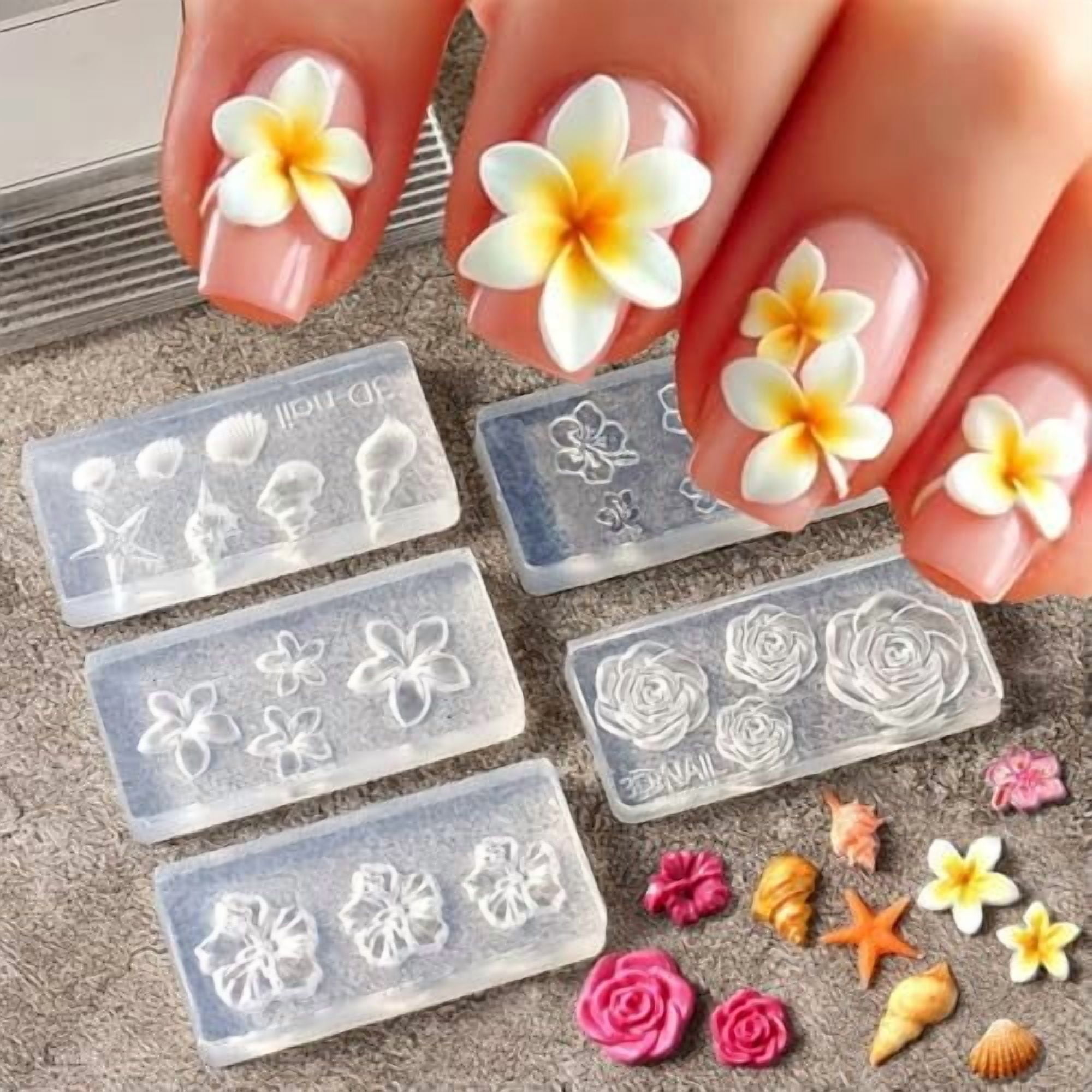 5pcs Silicone Flower Nail Molds – Plumeria/Cherry Blossom/Rose/Petunia ...